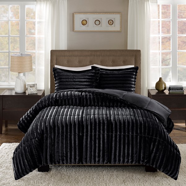 Madison Park Duke Faux Fur Comforter Mini Set in Black, Full/Queen MP10 ...
